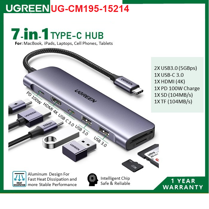 UGREEN UG-CM195-15214 USB-C 3.1 7IN1 DOCKING HDMI 4K@30HZ+2*USB-A 3.0+USB-C 3.1+SD&TF+PD ...