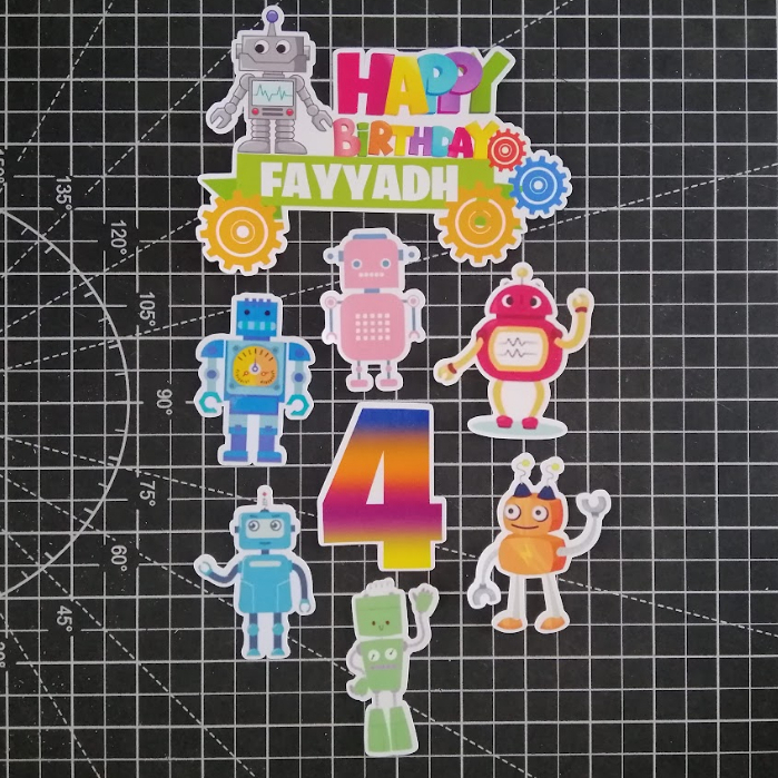 [CUSTOM NAME] Happy Birthday Cake Topper Colorful robot Decoration Set ...