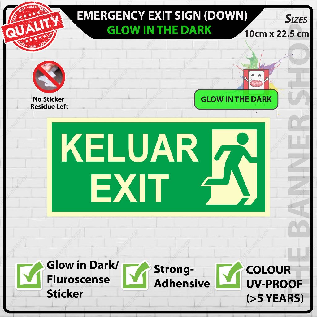 Emergency Exit Sign, Glow In The Dark, PVC Sticker | Shopee Singapore