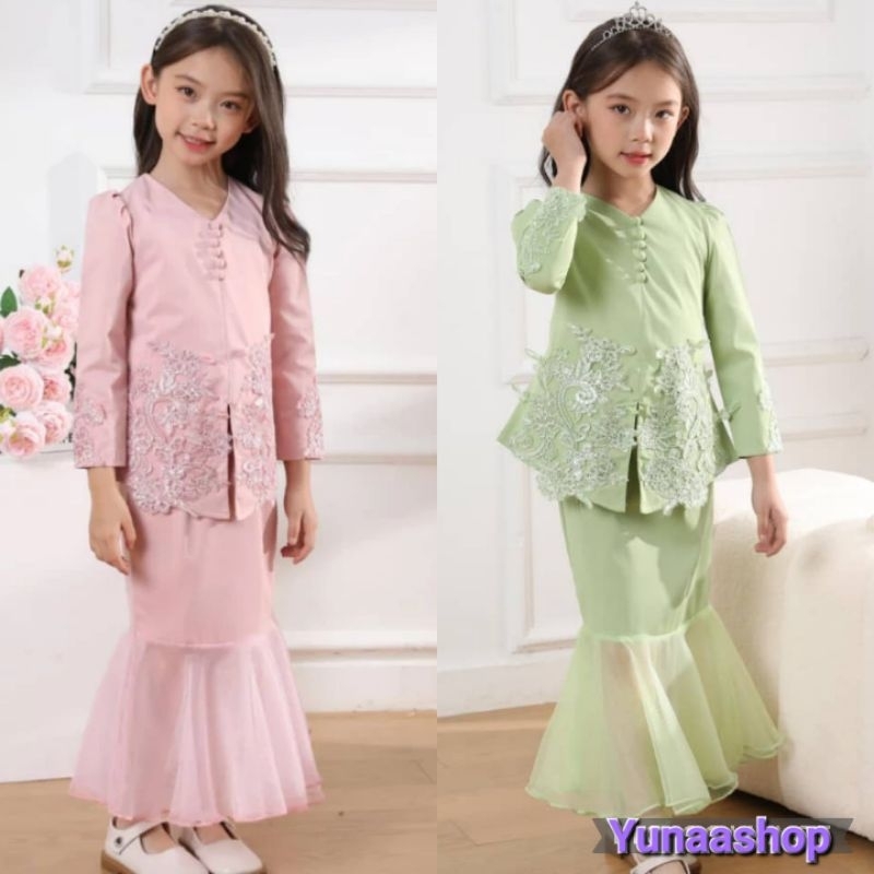 Baju Kebaya Satin Muslimah Girls 2-12 Years Baju Kurung Kebaya Nyonya Modern Kids Baju Kurung ...