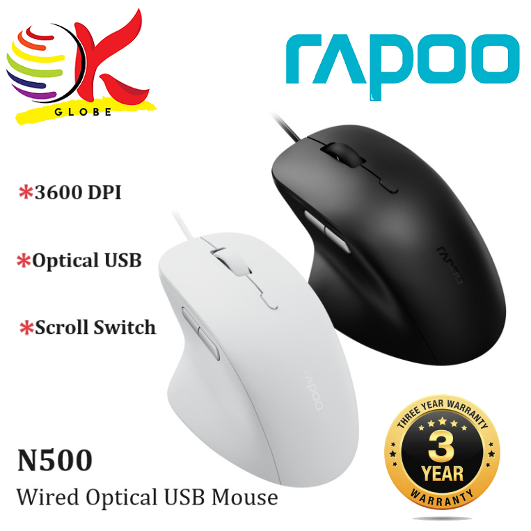 RAPOO N500 USB WIRED MOUSE OPTICAL 3600DPI ADJUSTABLE MOUSE WITH 3 ...