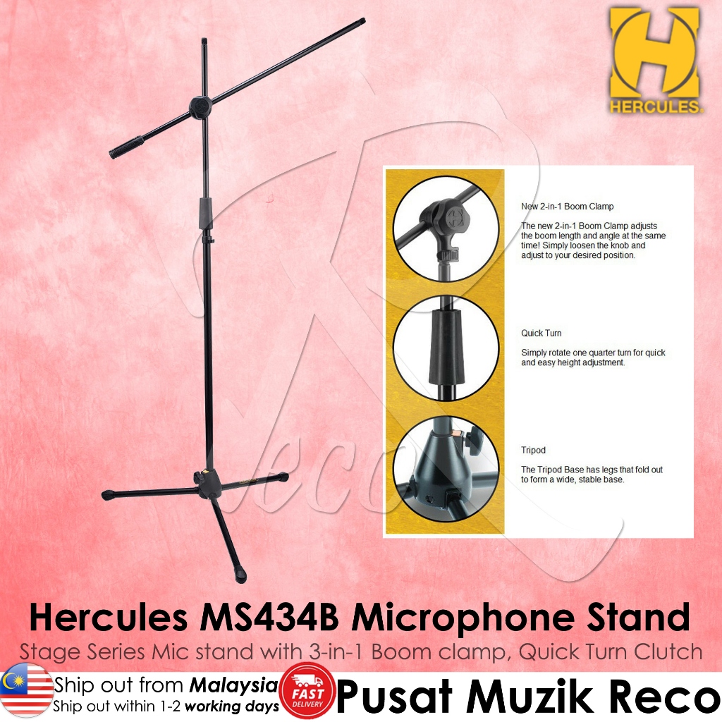 Hercules Stands MS434B Quick Turn Microphone Stand With Tripod And 3-in ...