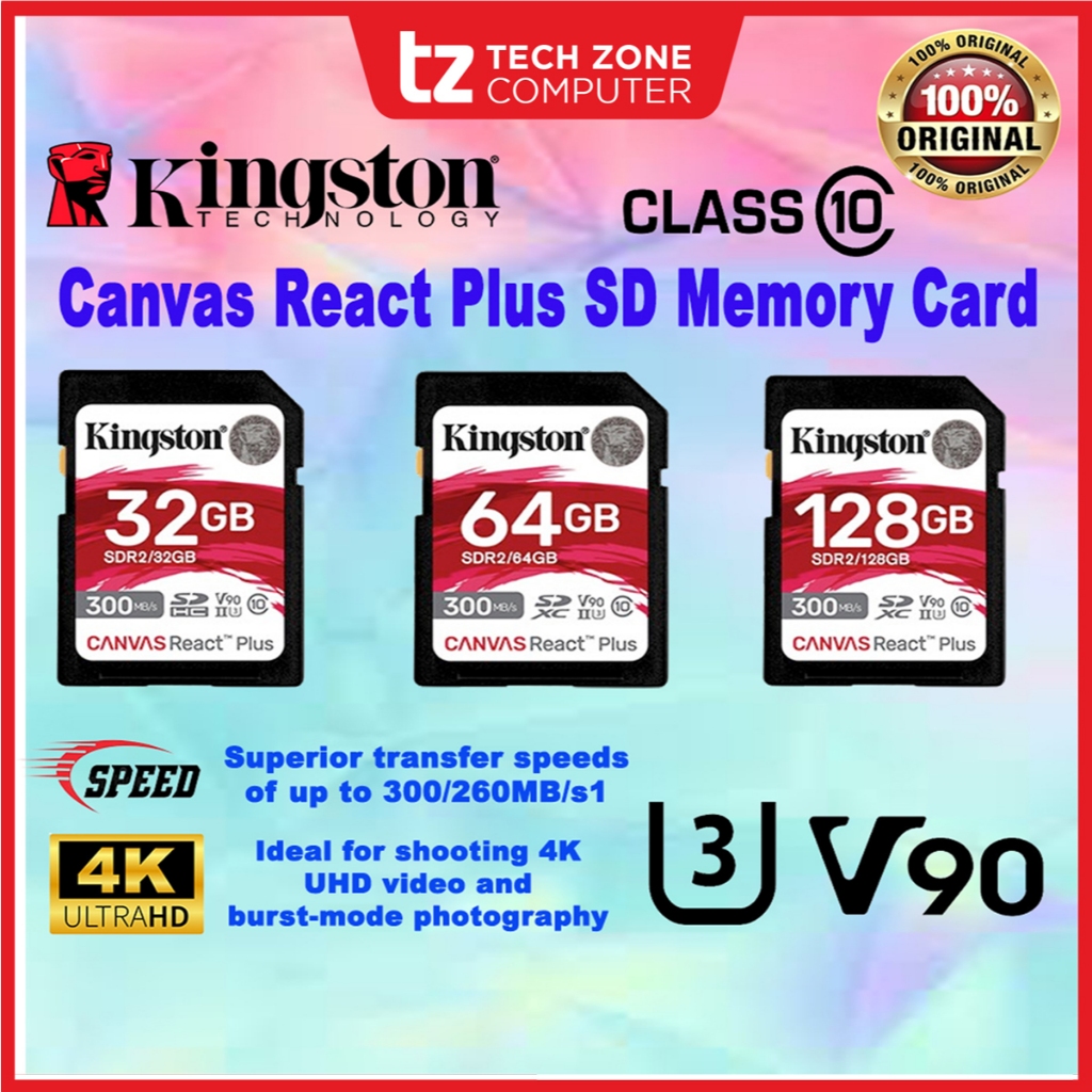 Kingston Canvas React Plus SD memory card Class 10 V90 (32GB/64GB/128GB/) | Shopee Singapore