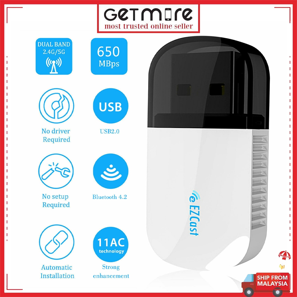 Ezcast Wireless USB WIFI Adapter 5G/2.5G Bluetooth 4.2 Dual Band AC ...