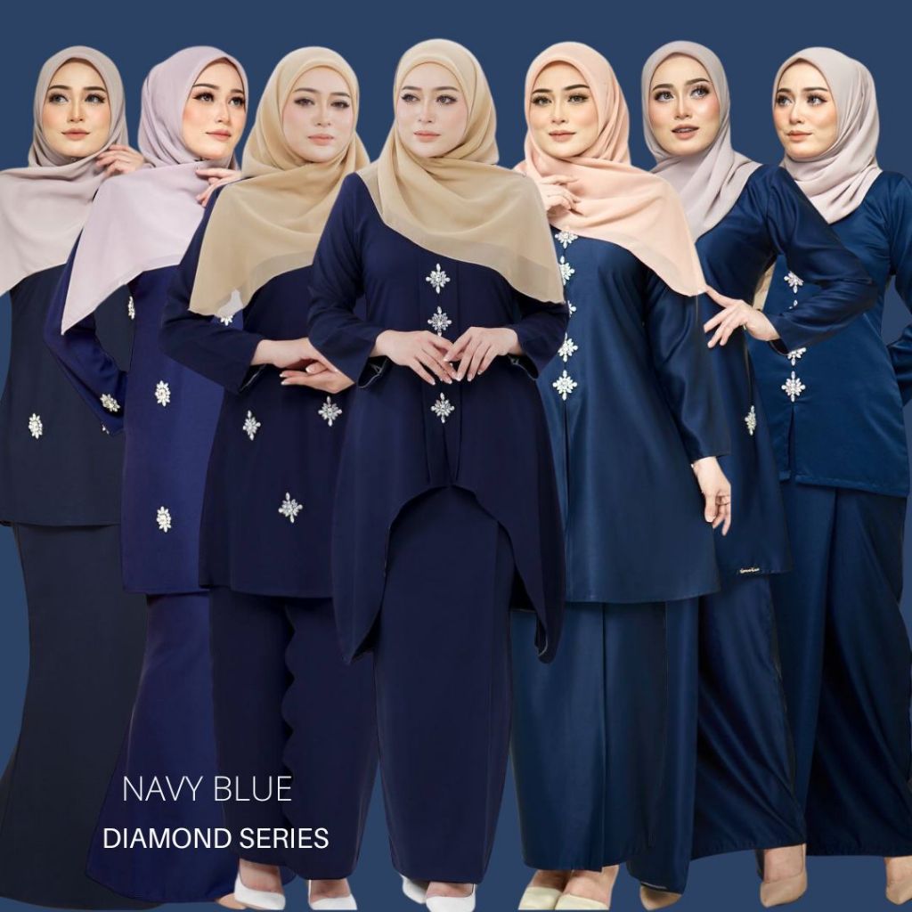 [navy blue] plain basic diamond series kurung moden riau scallop/kebaya ...