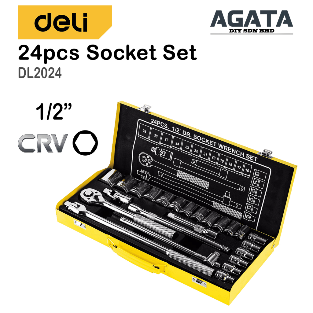 DELI 24pcs Socket Set Cr-V (1/2") DL2024T Metal Box 12.5mm Series ...