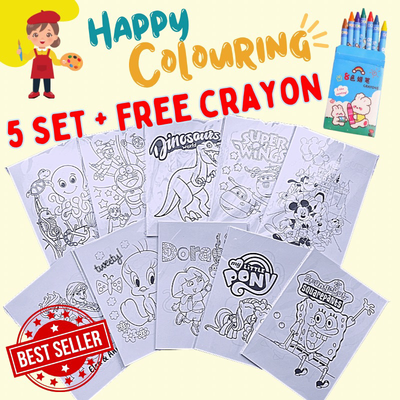 5 Set Free Crayon Colour 1set=20pcs Cartoon Kids Colouring Paper (A5 ...