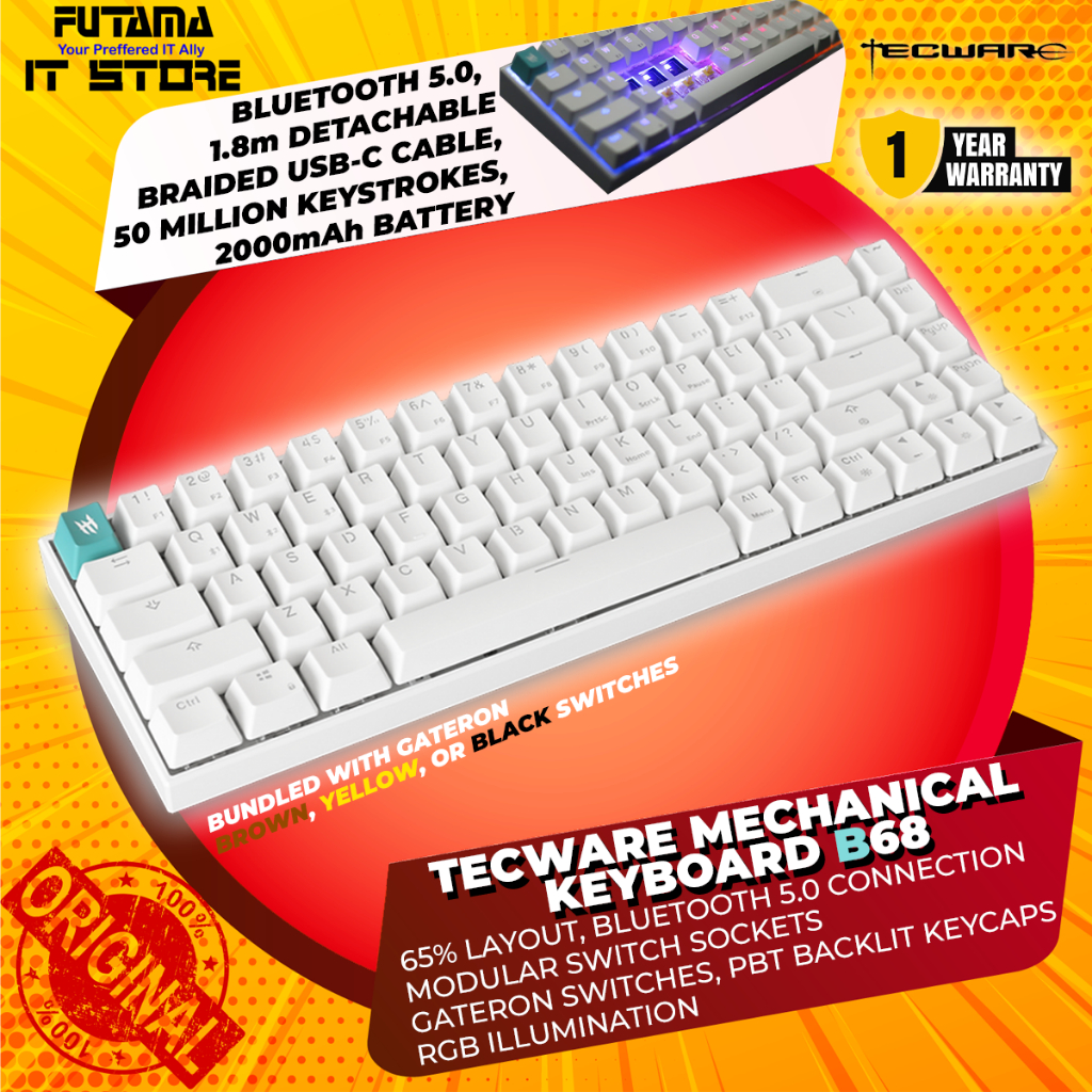 Tecware B68 Wireless RGB Mechanical Keyboard - Hot Swappable, White ...