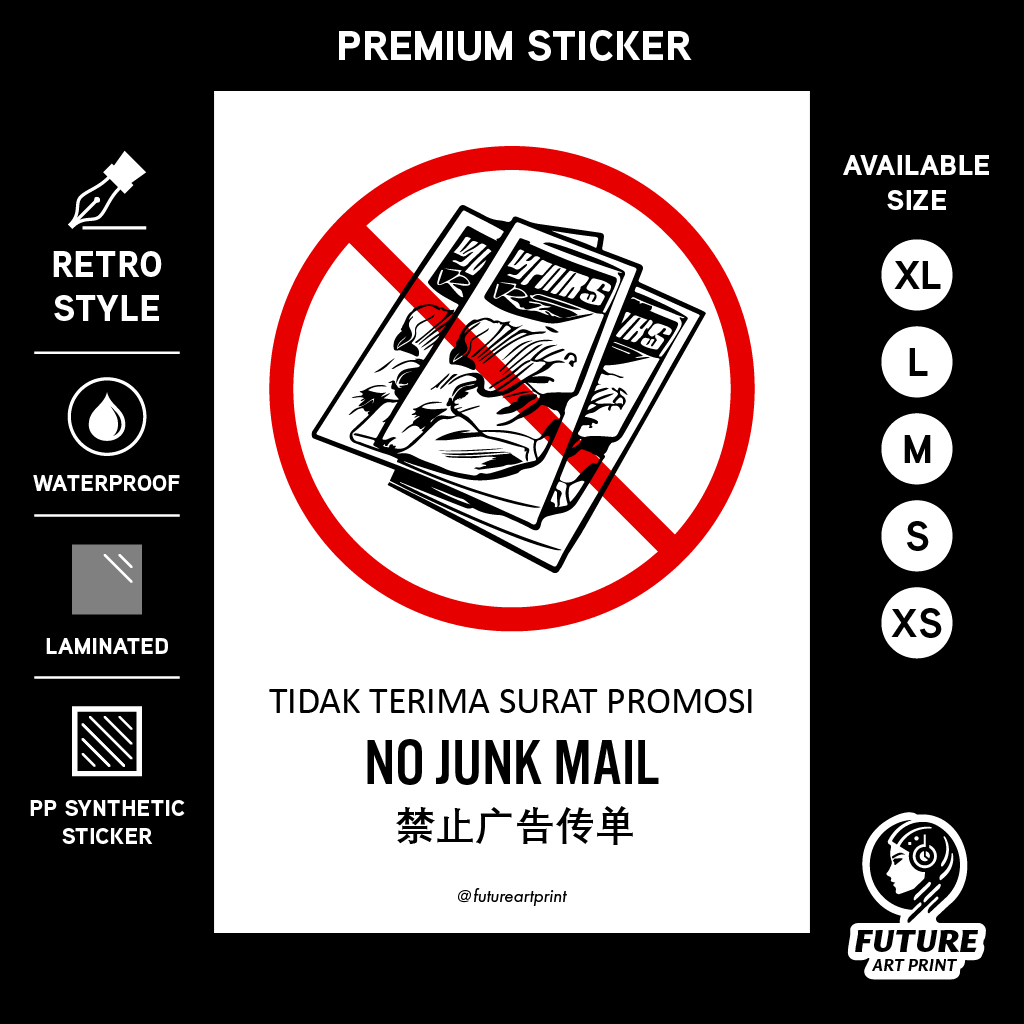 No Junk Mail. Tidak Terima Surat 禁止广告传单. Premium Sticker Sign Notice ...