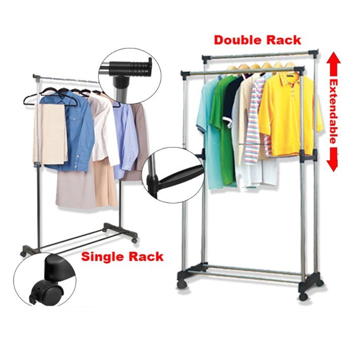 Double Pole Steel Cloth Hanger And Organizer Rack Wheel Penyangkut Baju ...