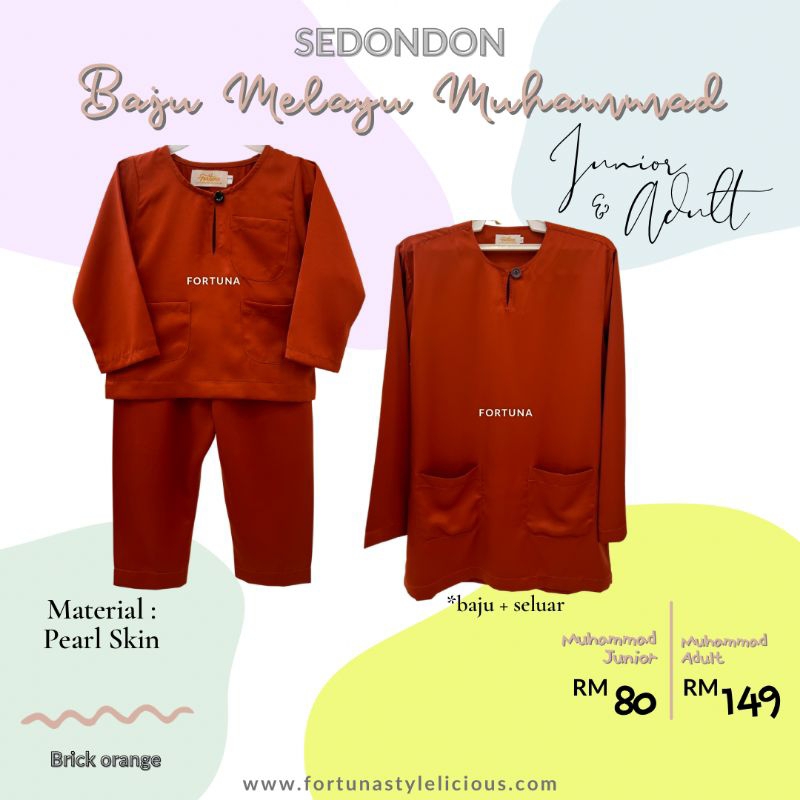 (BABY, KID & ADULT) Baju Melayu Sedondon Brick Orange Baju Melayu Oren ...