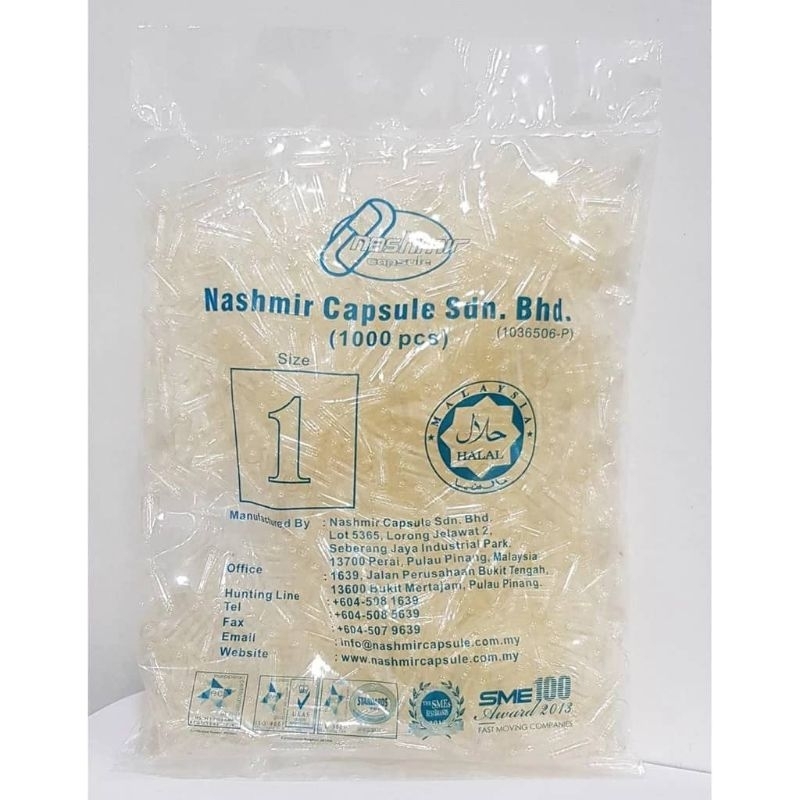 Nashmir Gelatin Empty Capsule/Kapsul Saiz 1 (1000 pcs) HALAL | Shopee ...