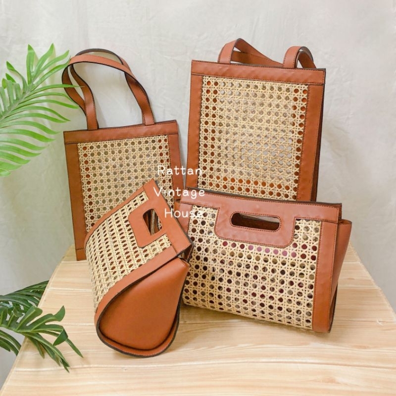 (Rattanvintage) Real Rattan & Leather Bag | Tote Bag | Hand Craft ...
