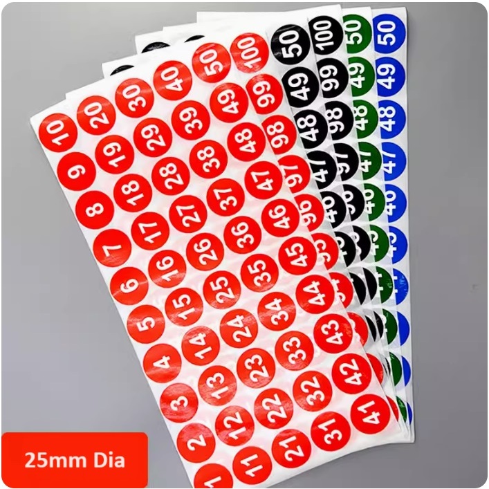 Red Green Blue Colour Sticker Serial Number Flow 1 till 50 to 100 Round ...