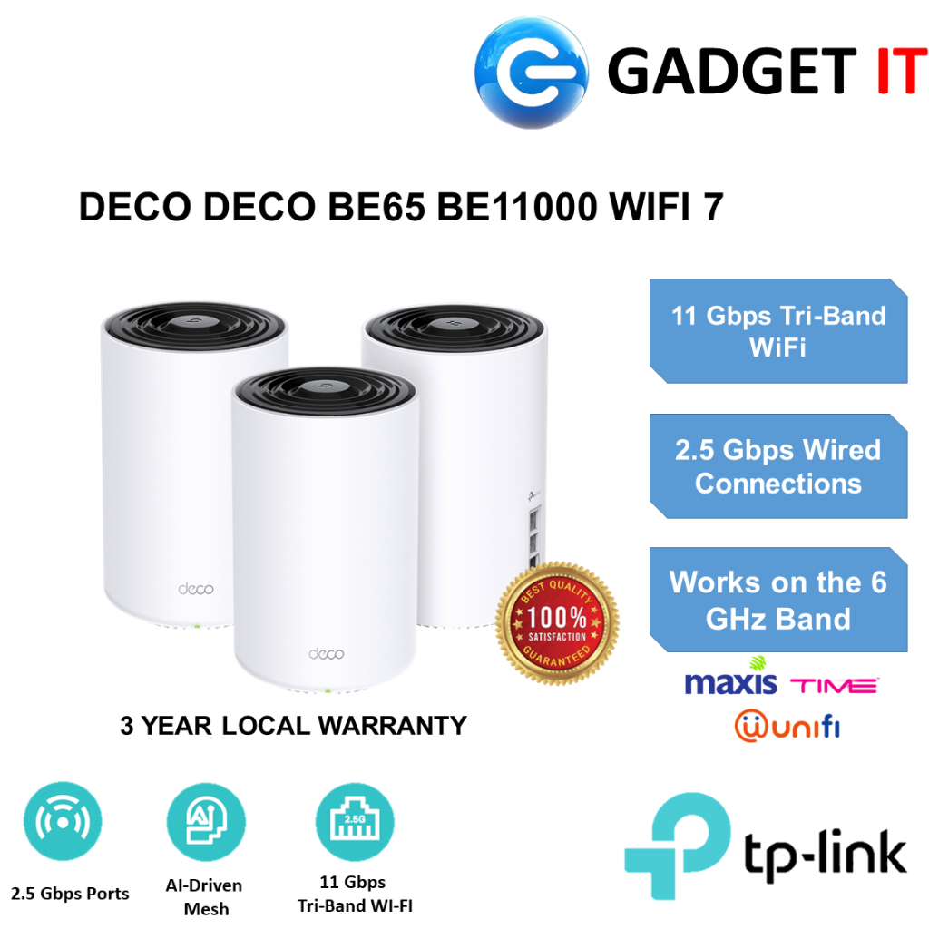 TP-LINK DECO BE65 BE11000 WIFI 7 TRI-BAND WHOLE HOME AI-DRIVEN MESH ...