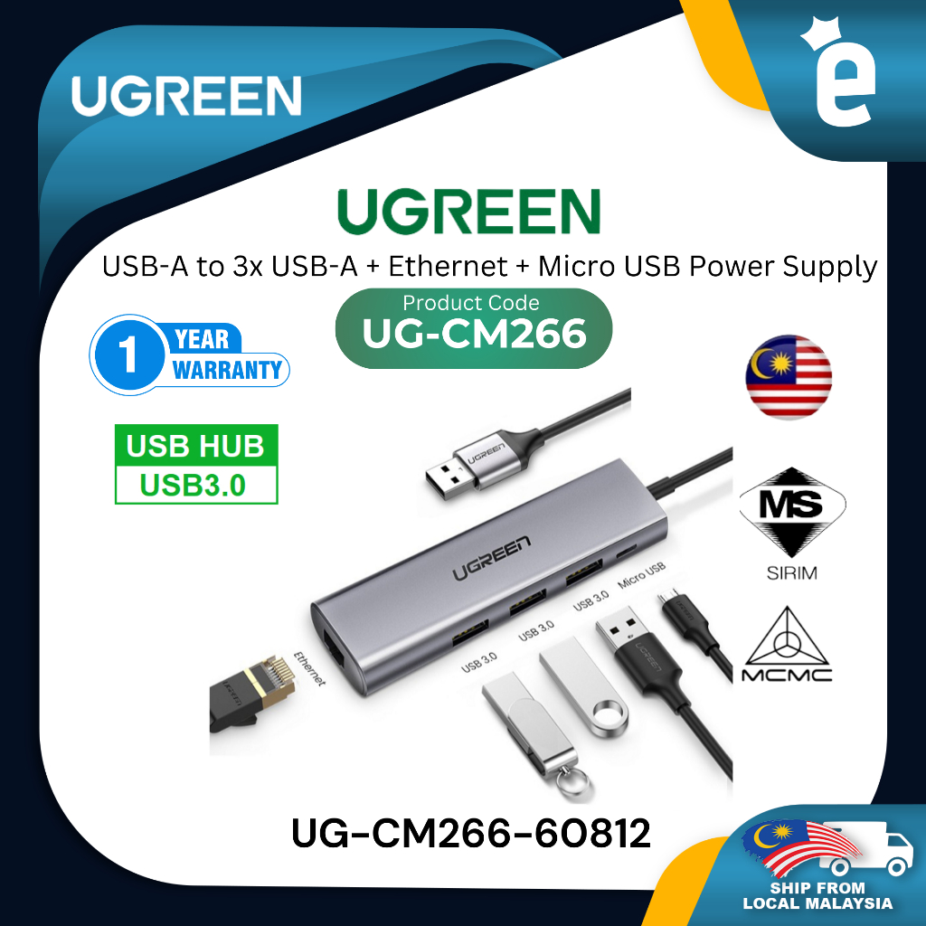 UGREEN USB 3.0 USB TO 3× USB3.0 + RJ45 (1000MBPS) LAN ETHERNET ADAPTER ...