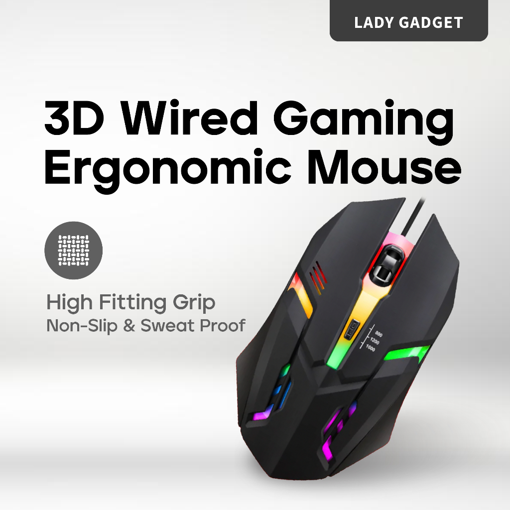 3D USB Optical Wired Gaming Ergonomic Mouse With Auto Sync RGB LED Light Programable 1200 DPI ...