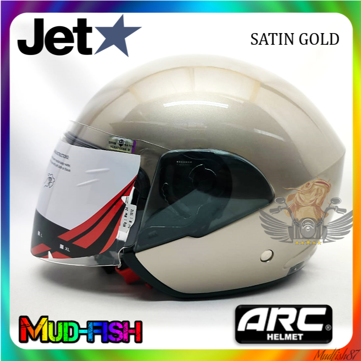 TOPI KELEDAR ARC JETSTAR JET STAR STENG SEMI JET HELMET (SATIN GOLD ...