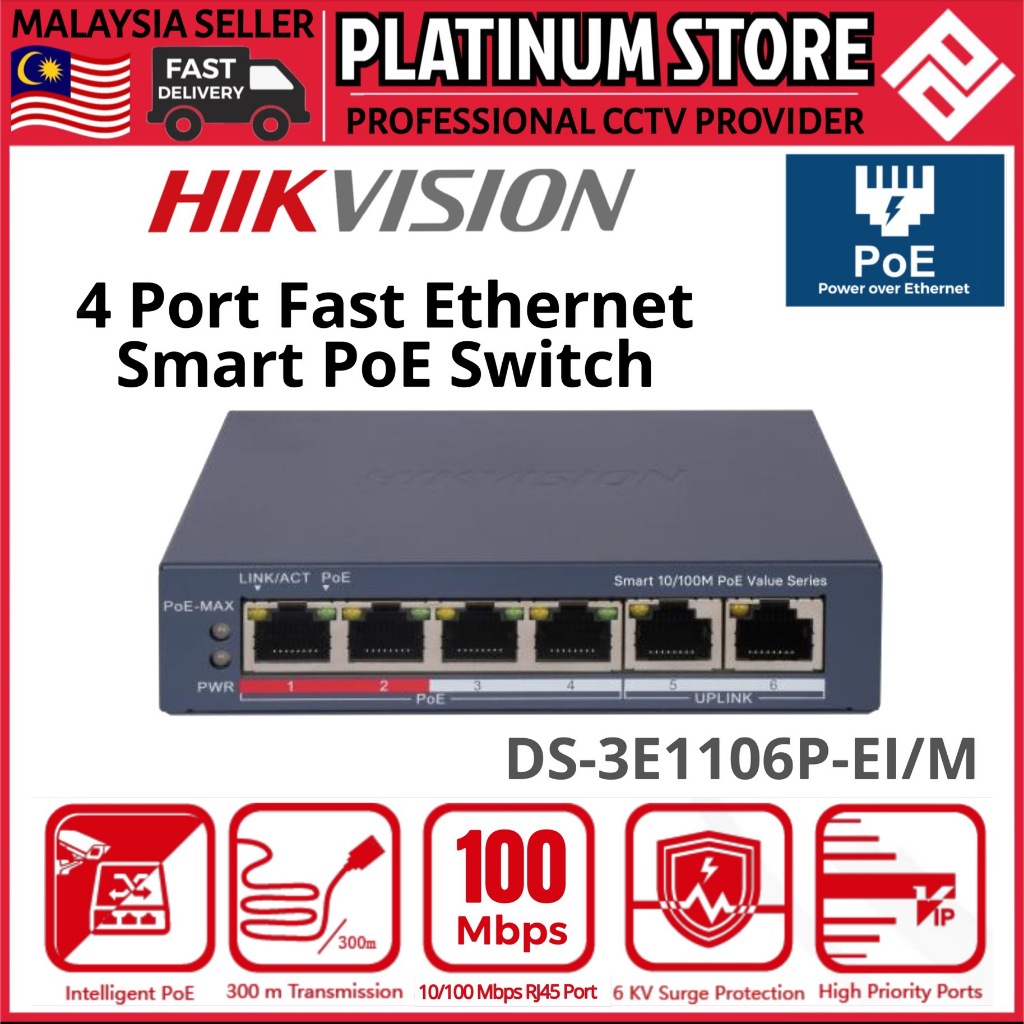 HIK HIKVISION 4 Port Fast Ethernet Smart PoE Switch DS-3E1105P-EI/M Network IP CCTV Camera ...