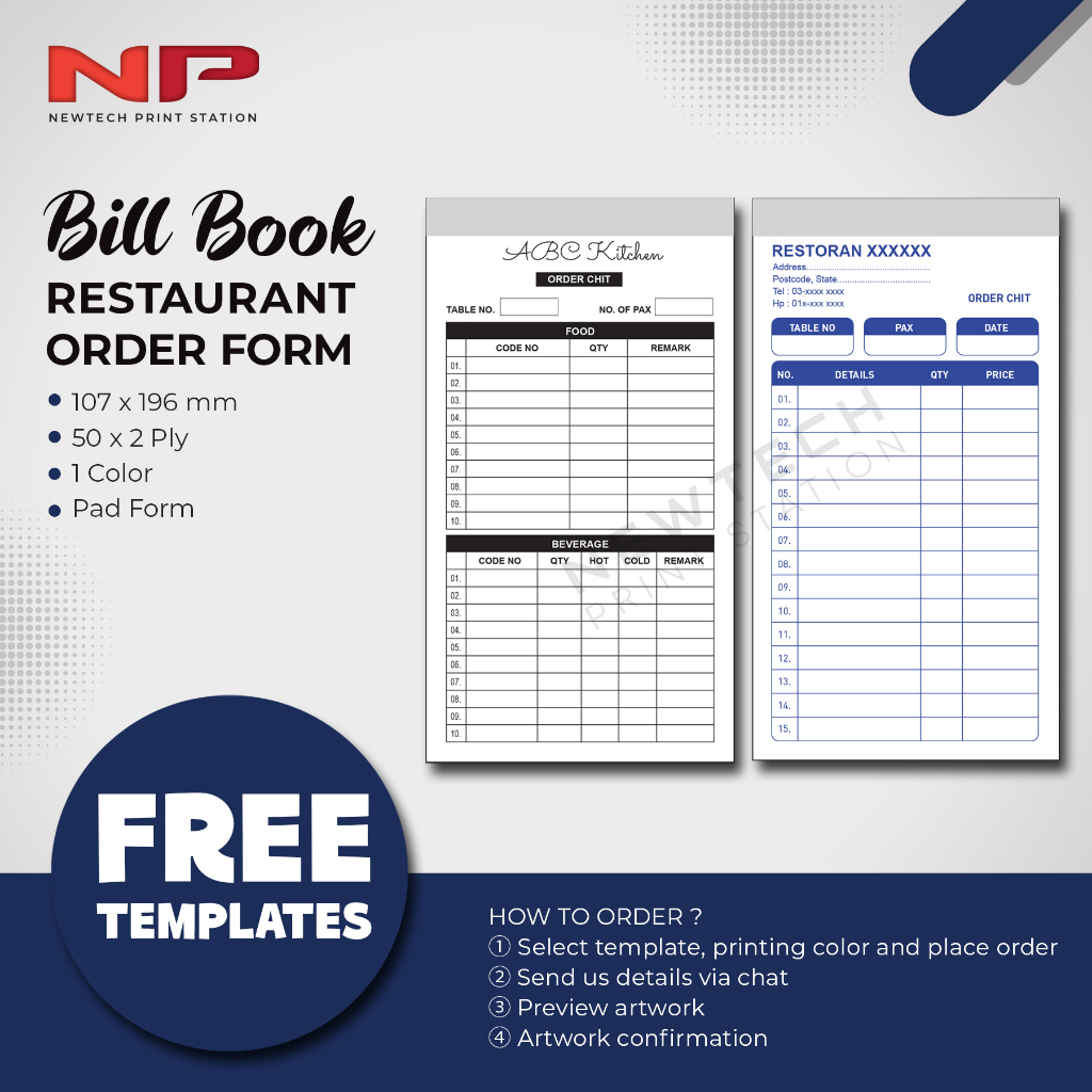 NCR Order Chit / Order Form Restaurant / Kertas Menu Order Restoran ...