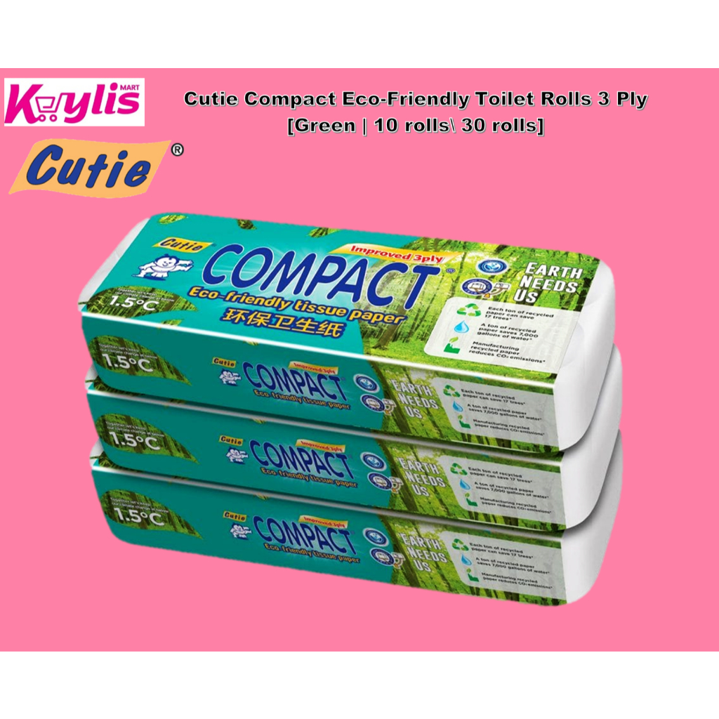 Cutie Compact Eco-Friendly Toilet Rolls 3 Ply [Green | 10 rolls\ 30 ...
