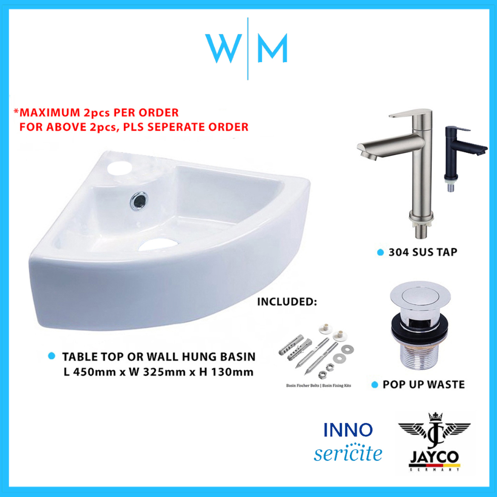 SERICITE JAYCO Bathroom Ceramic Corner Basin Table Top or Wall Hung ...