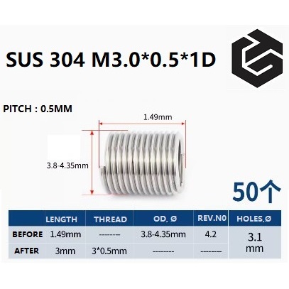 HeliCoil Threaded / Insert Recoil Thread Stainless Steel 304 M3.0*0.50 ...