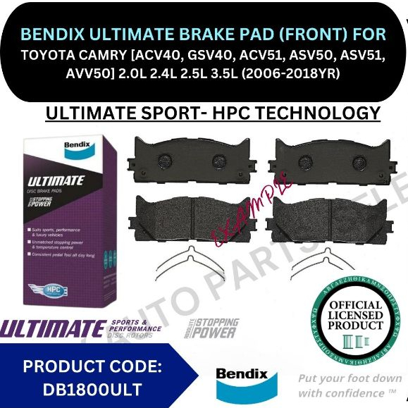 BENDIX ULTIMATE DISC BRAKE PAD (FRONT) FOR TOYOTA CAMRY [ACV40, GSV40 ...