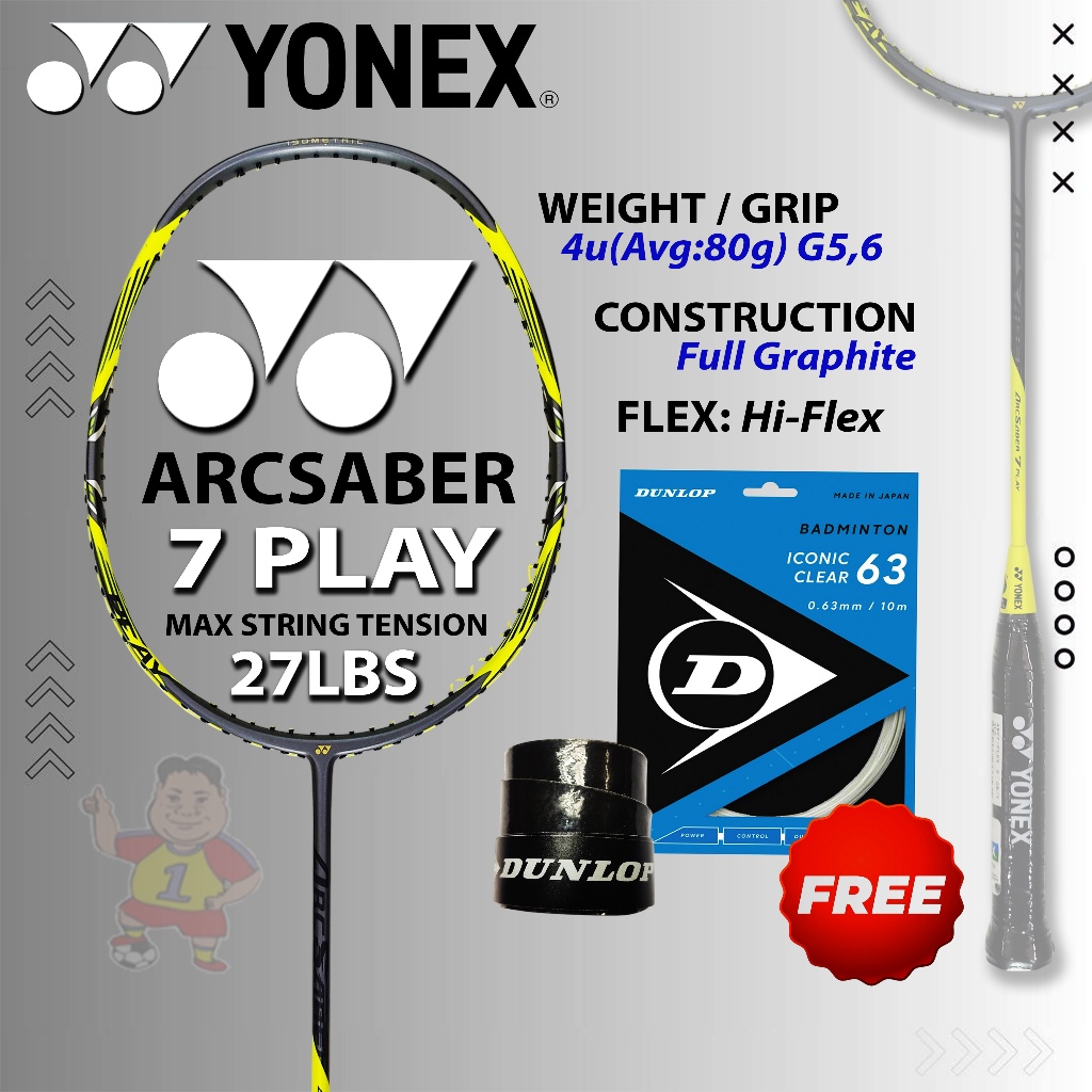 Yonex Badminton Racket Arc Saber 7 Play Gray Yellow 4U Max Tension 28 lbs (Free String+Grip ...