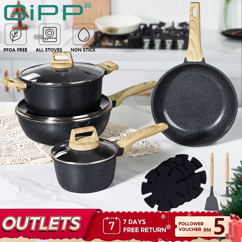 GIPP Non Stick Frying Pan Kitchen Cookware Set Kawali Wok Pot Ceramic Coating For All Stove(14 ...