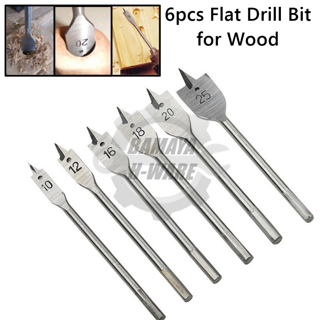 BMY 6pcs Flat Wood Bit. Drill Bit Set For Wood. Drill Kayu Bit. Spade ...
