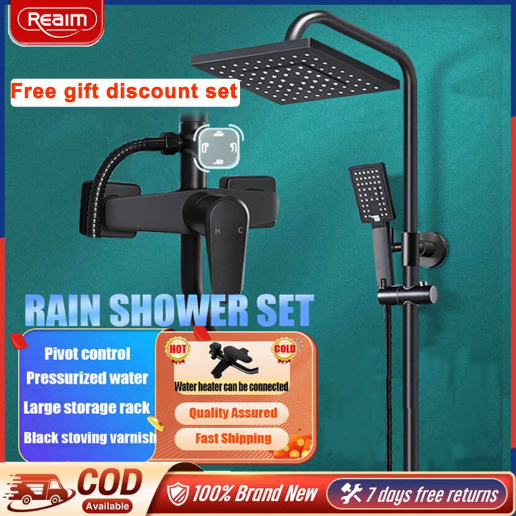 SHARK Shower Set 4 Function Black Square Rain shower head Bathroom ...