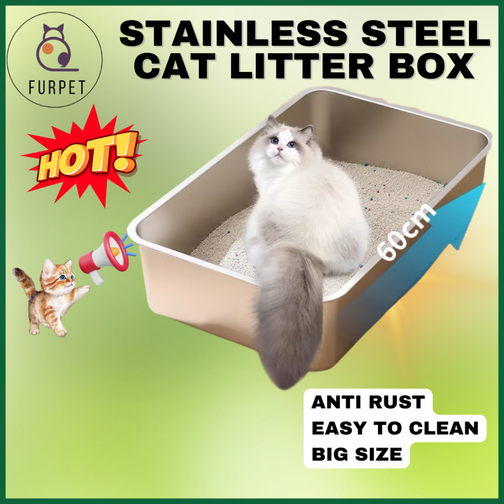 FURPET Stainless Steel Cat Litter Box Anti Rust Bekas Najis Kucing ...