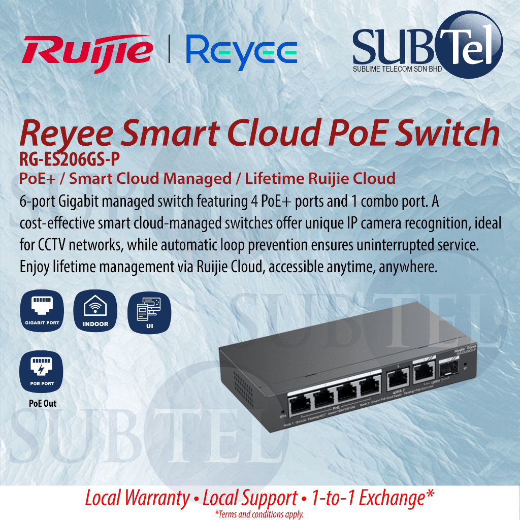 Ruijie Reyee RG-ES206GS-P 6-Port Gigabit Smart Cloud Managed PoE-at/af Switch Loop Prevention ...