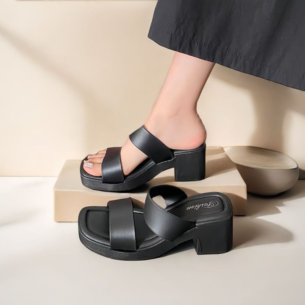 Lady block heel dua straps daily wear slip on 6cm heel mules | Shopee ...