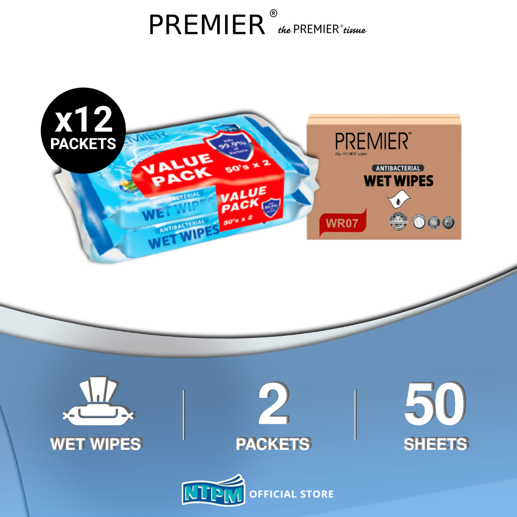 Premier Antibacterial Wet Wipes (50's x 2) x 12 Packets (Carton ...