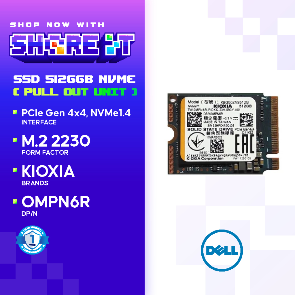 DELL 512GB NVMe M.2 2230 SSD Solid State Drive KIOXIA P/N: MPN6R w ...
