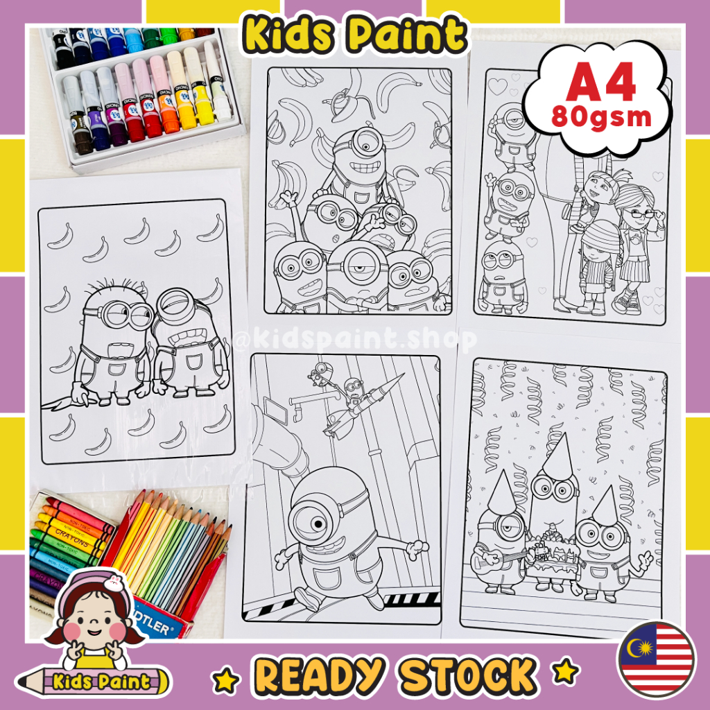 [KidsPaint] Minions 32 Sheets Kids Coloring Paper (A4 Print Out) Buku ...