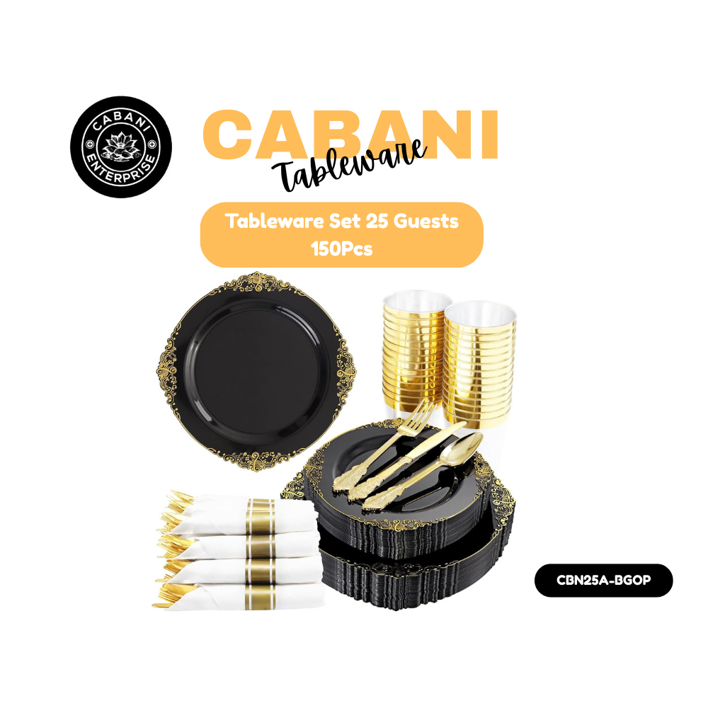 Cabani Plastic Tableware Set BGO Black Goldflower Party Dinner Plates ...