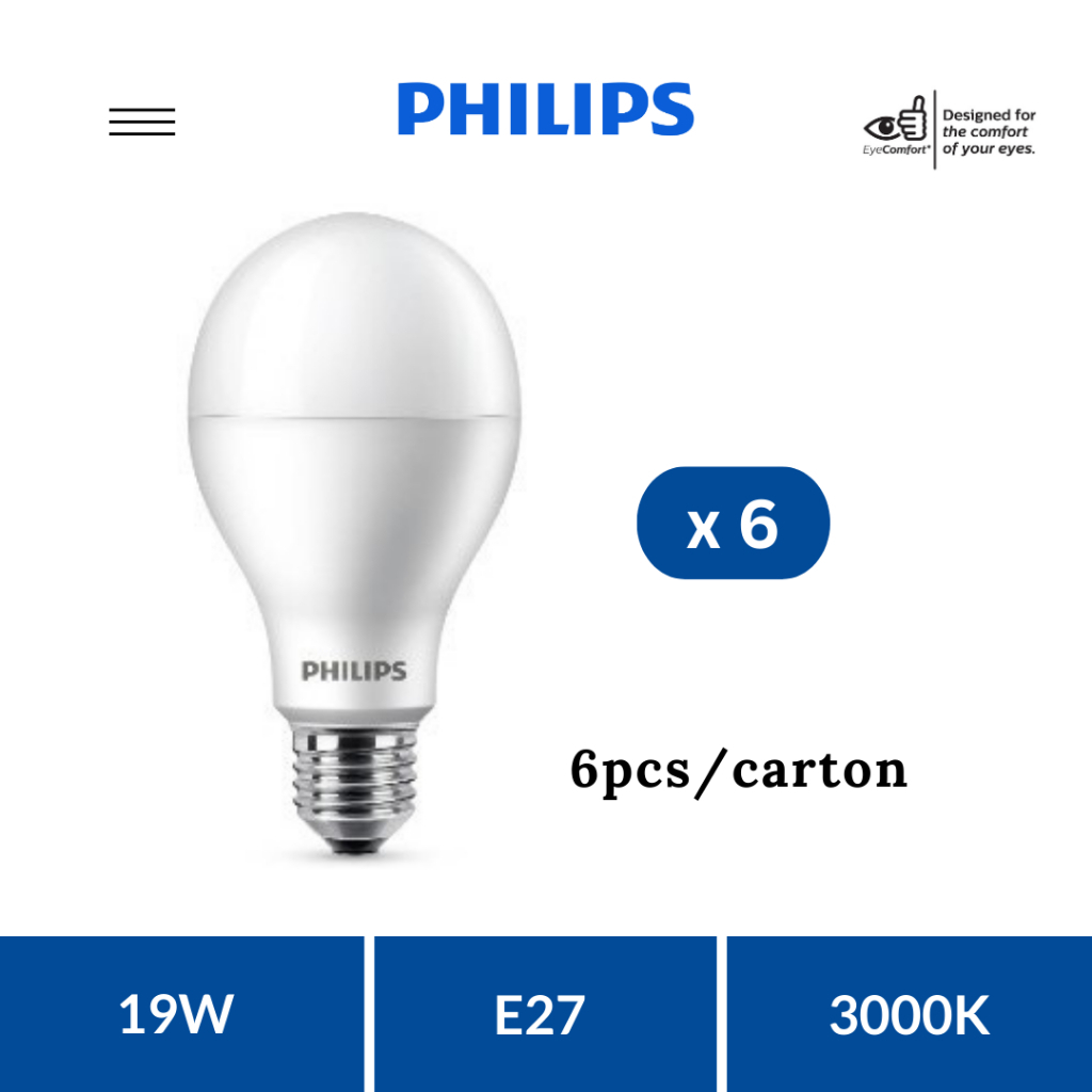 PHILIPS LED Bulb High Lumen 19W ( 3000K / 6500K ) (6 pcs) | Shopee ...