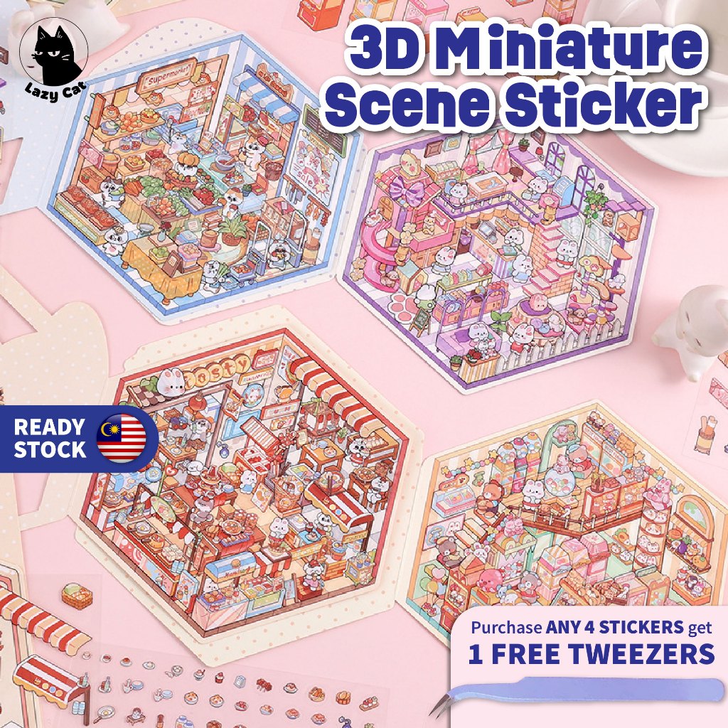 Lazy Cat 3D Miniature Scenes Sticker DIY Cute Cartoon Korean Style ...