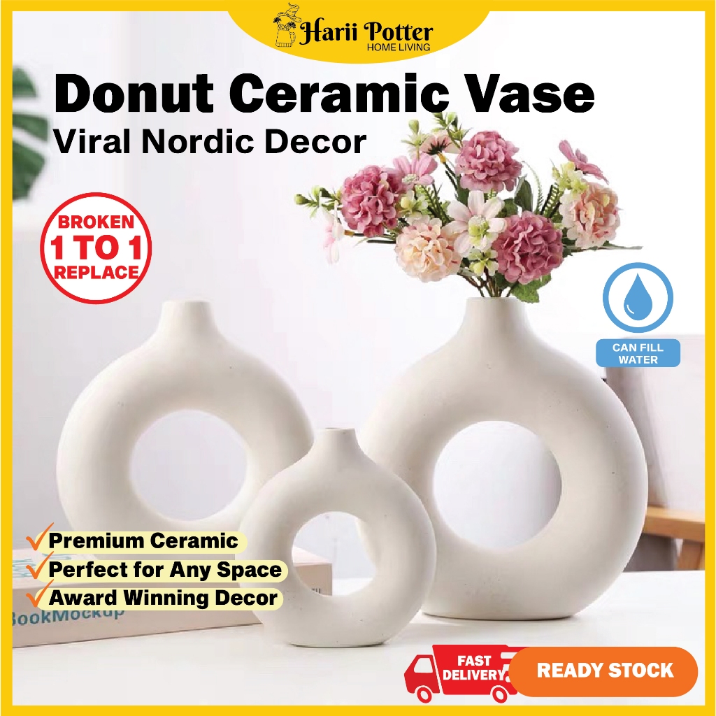 Donut Vase Ceramic Vase Pasu Donut Pasu Seramik Pasu Bunga Hiasan Ruang ...