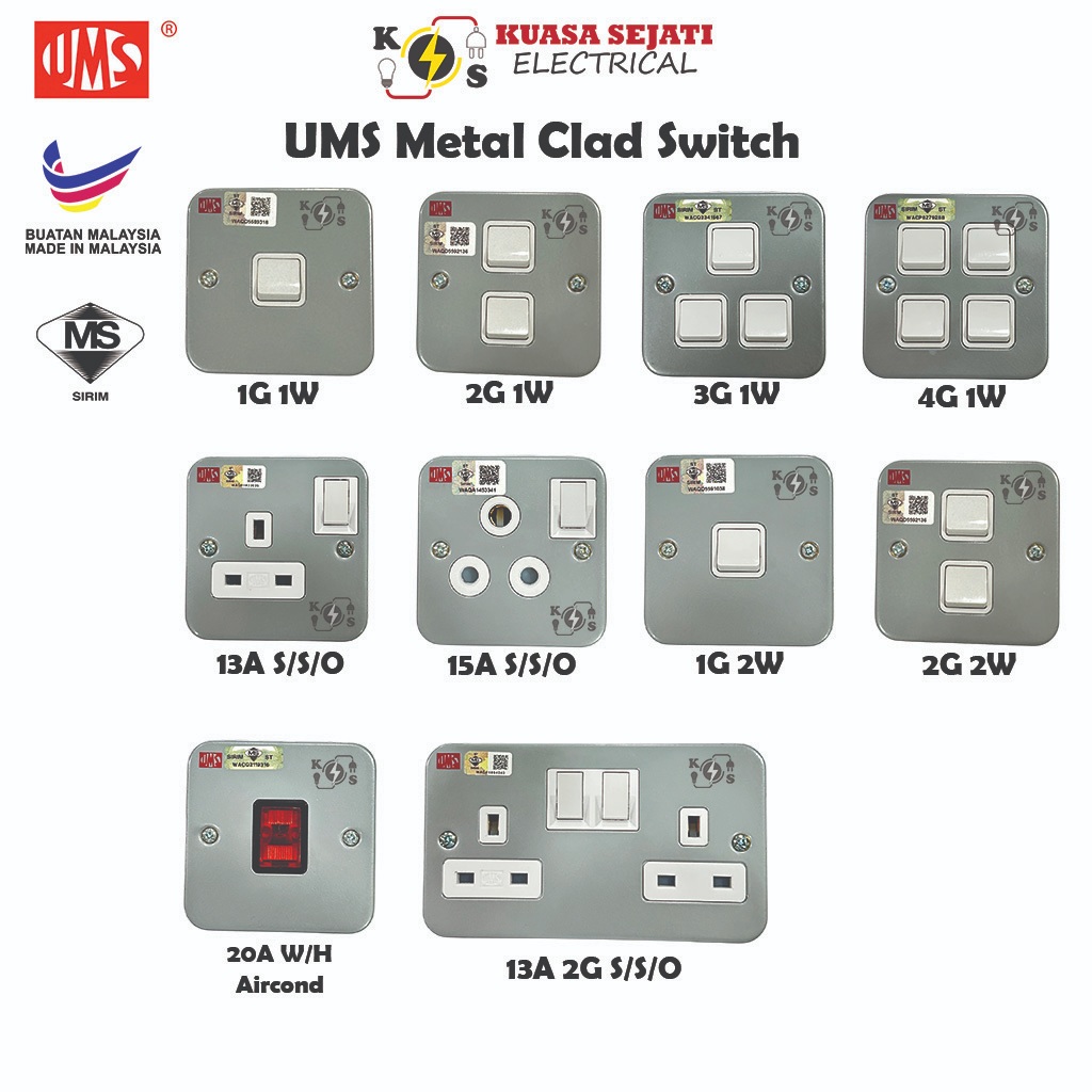 UMS Metal Clad 13A/ 13A 2G/ 15A/ 1G 1W/ 2G 1W/ 3G 1W/ 4G 1W/ 1G 2W/ 2G 2W/ 20A Water Heater 1Way ...