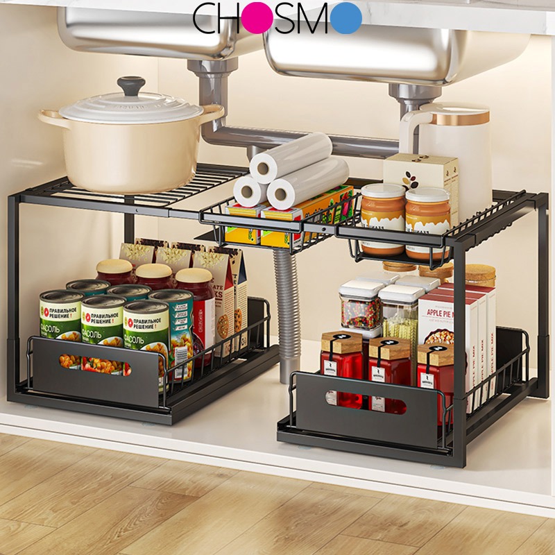 Kitchen Under Sink Shelf Split Level Multi-Functional Spice Rack Pull ...