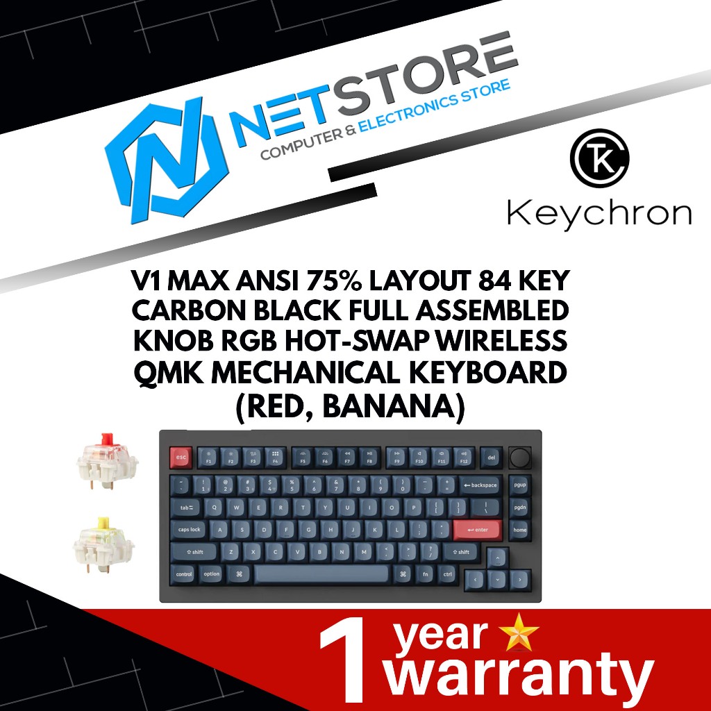 KEYCHRON V1 MAX ANSI 75% LAYOUT 84 KEY CARBON BLACK FULL ASSEMBLED KNOB ...