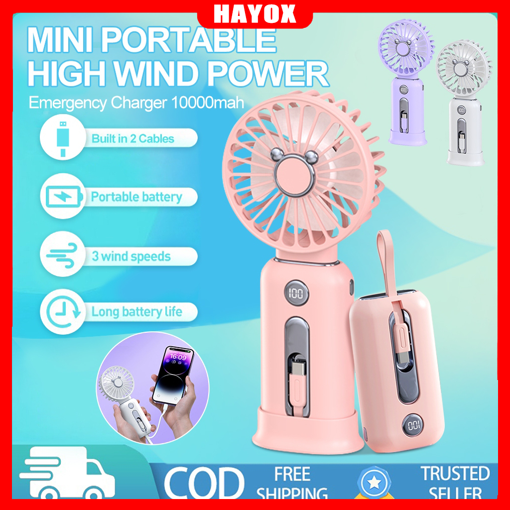 Mini Handheld Fan with 20000mAh Power Bank 2 Cables Fast charging LED ...