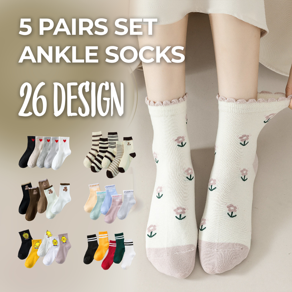 [5 PAIRS] Half Socks Women 100% Cotton Ankle Stocking Cute Casual Boat ...