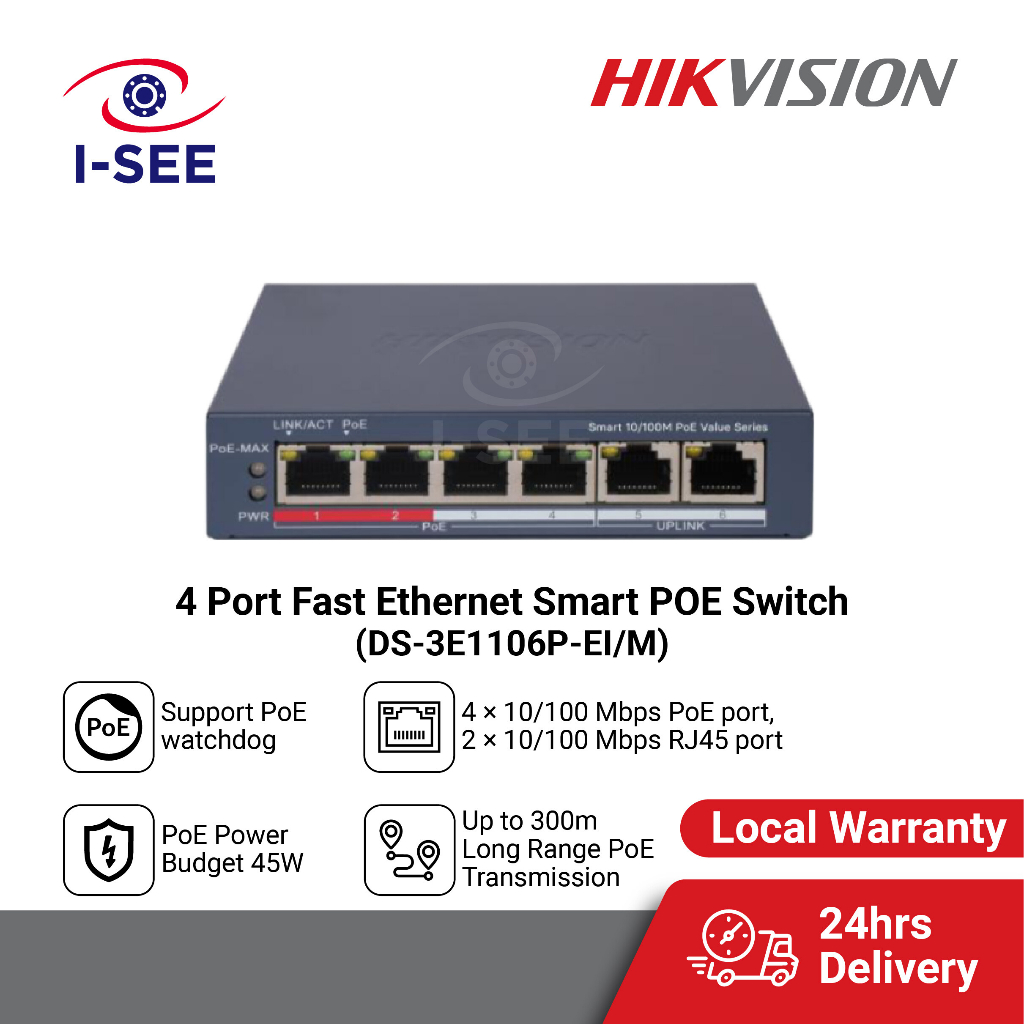 [Authentic] Hikvision 4 Port Fast Ethernet Smart POE Switch DS-3E1106P-EI/M With 10/100Mbps RJ45 ...