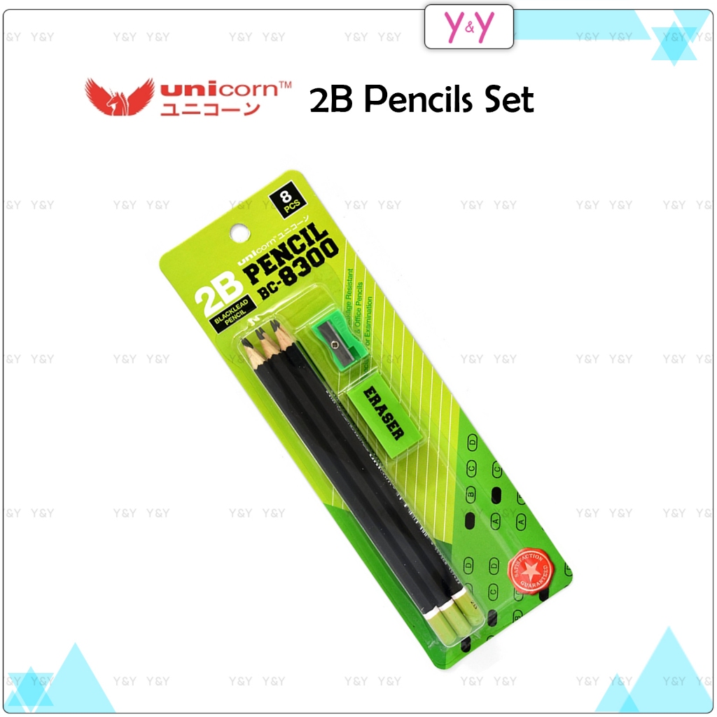 Unicorn 2B Writing Pencil Set with Eraser Sharpener / Graphite Student ...
