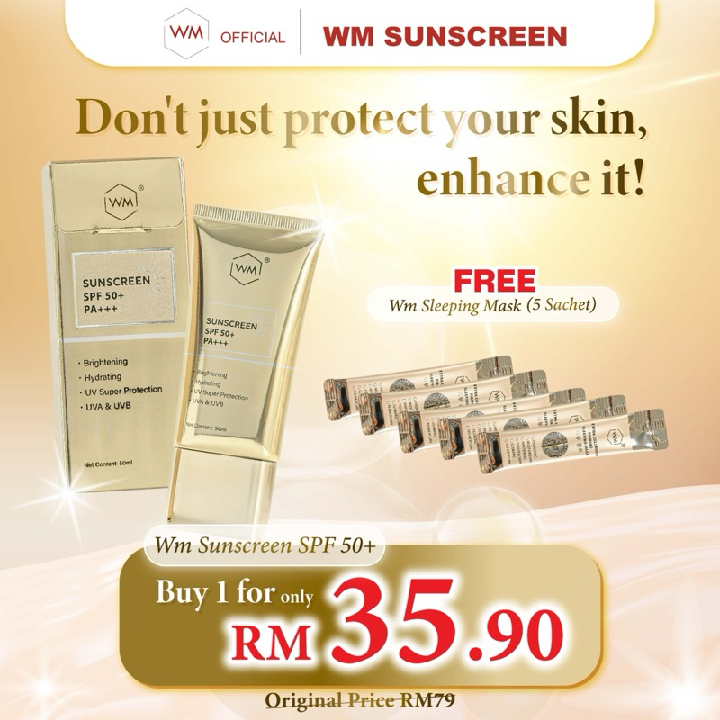 Wm Sunscreen SPF 50+ PA+++50ML Free 5 sachets sleeping mask | Shopee ...